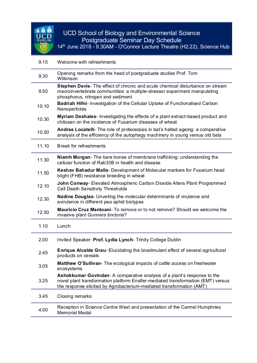 Postgraduate Seminar Day 2018 - UCD School of Biology and Environmental ...