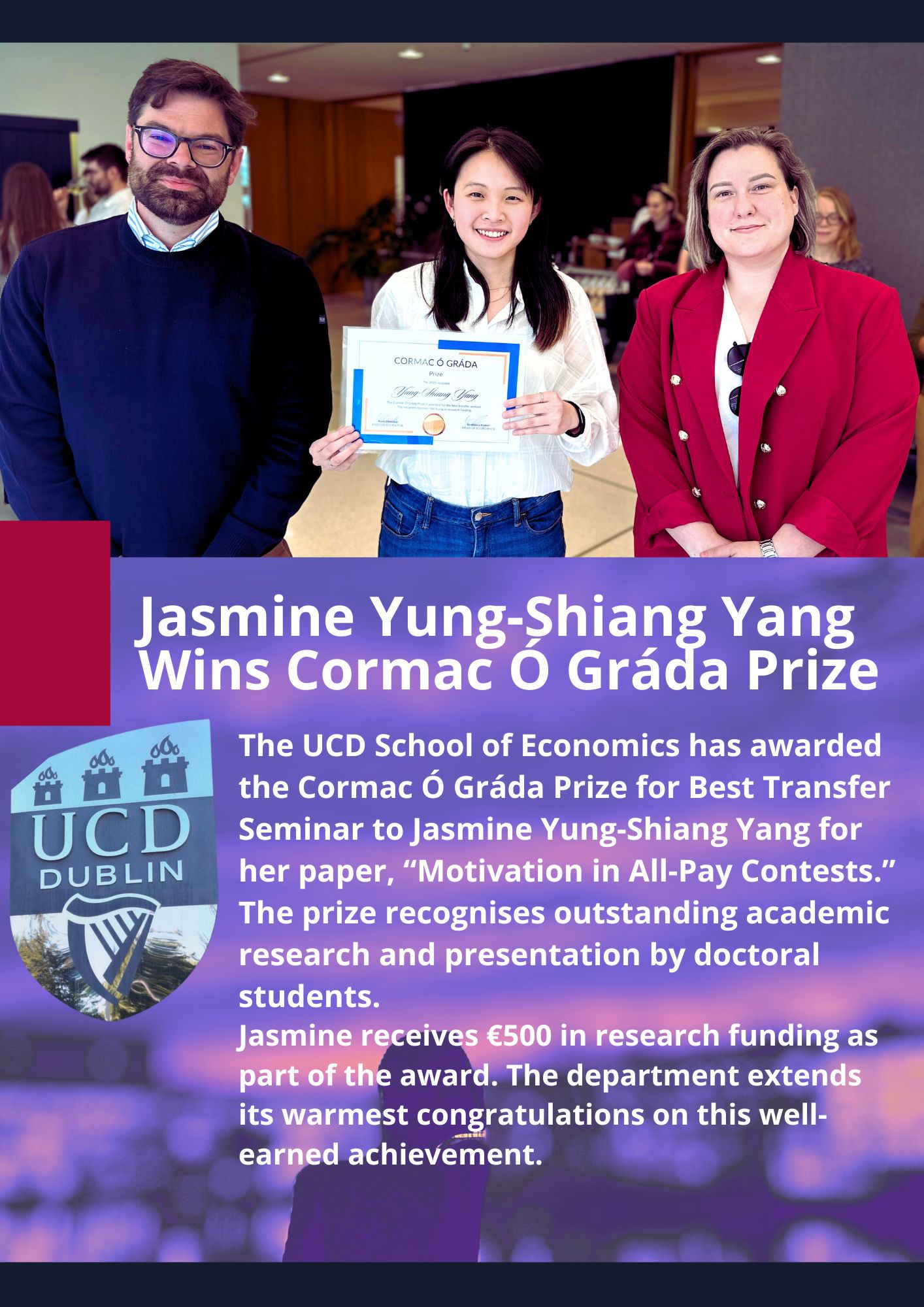 Jasmine Yung-Shiang Yang Wins Cormac Ó Gráda Prize - UCD School of Economics